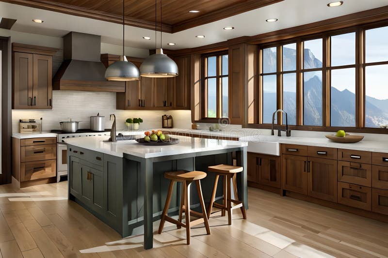 A Rustic Cabin Kitchen with Sunlight Streaming through Stock ...