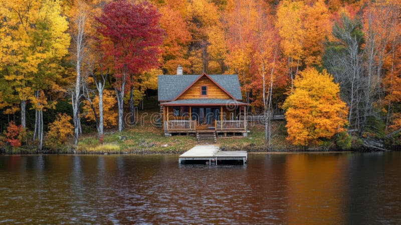 Rustic Cabin by the Lake with Autumn Foliage Stock Illustration ...