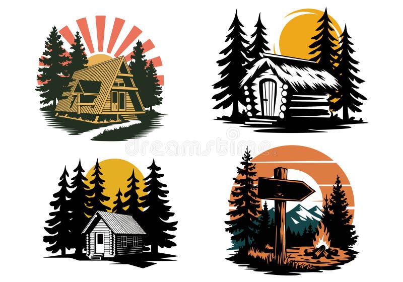 Rustic Cabin and Landscape Vector Illustrations Cabins, Trails, Nature ...