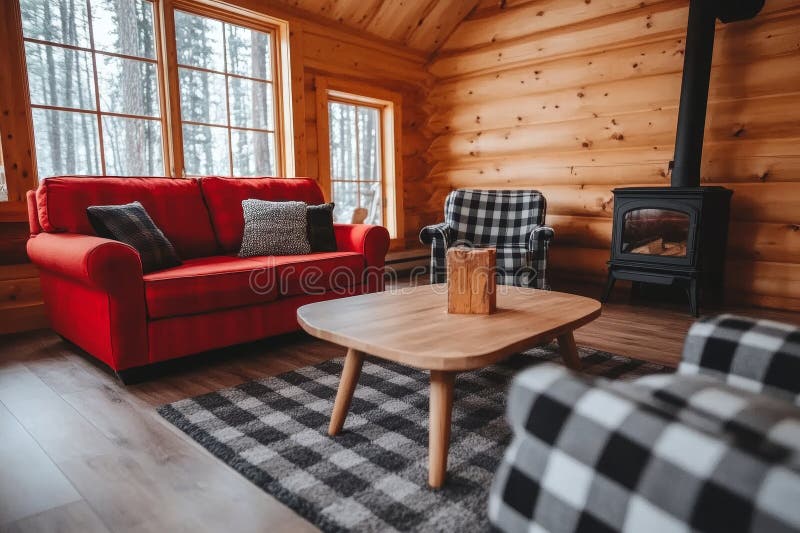A Rustic Cabin Living Room with a Warm Fireplace, Featuring a Red Sofa ...