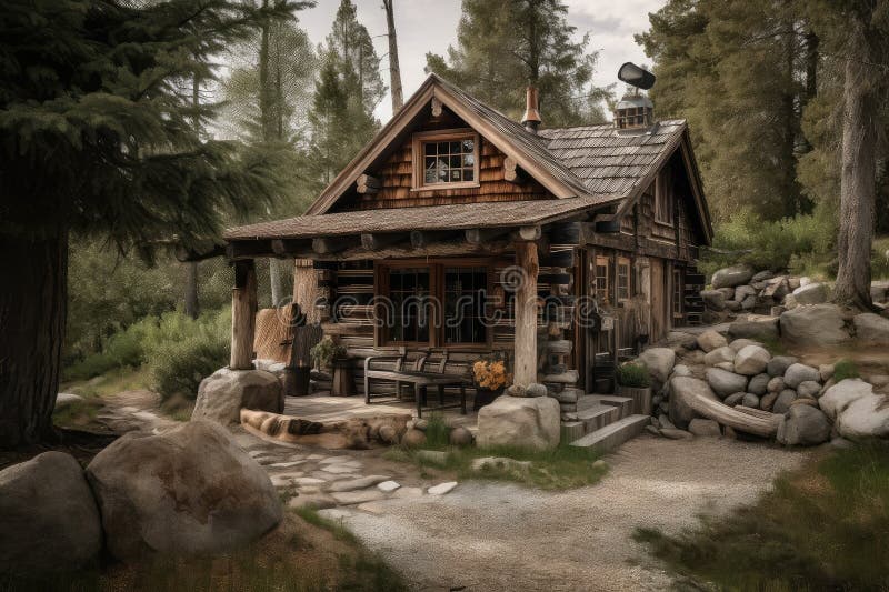 Rustic Cabin with Wood-paneled Walls and Stone Fireplace Stock Image ...