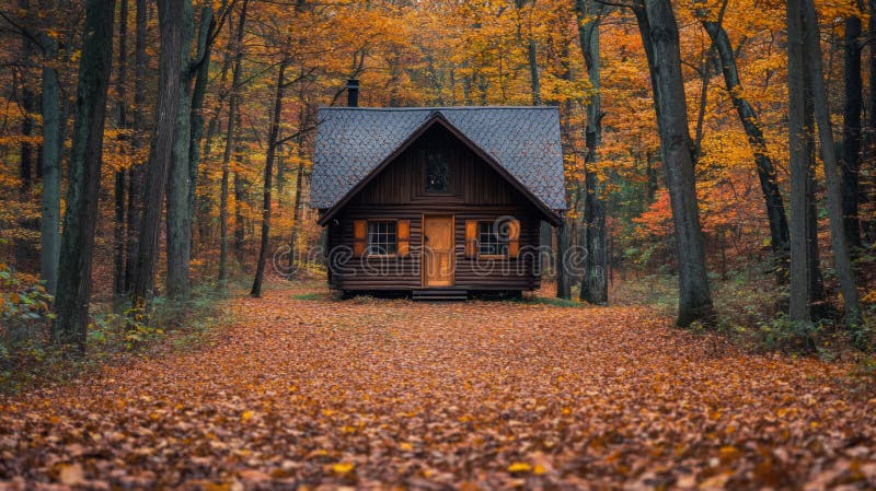 A Rustic Cabin Nestled in an Autumn Forest Stock Illustration ...