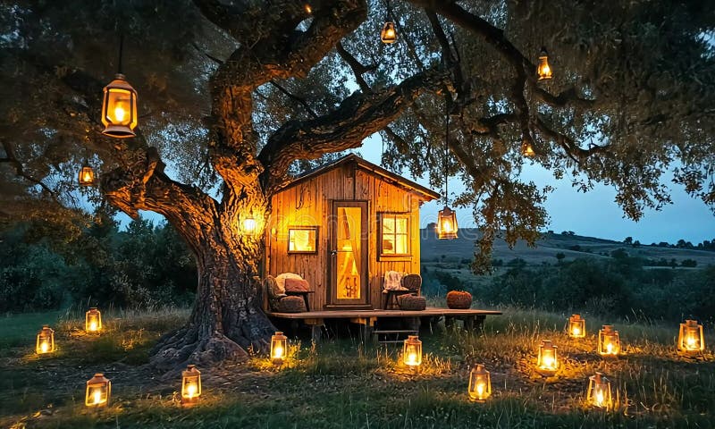Rustic Cabin Nestled Beneath a Large Olive Tree at Twilight, Illuminated by Lanterns Stock Video ...