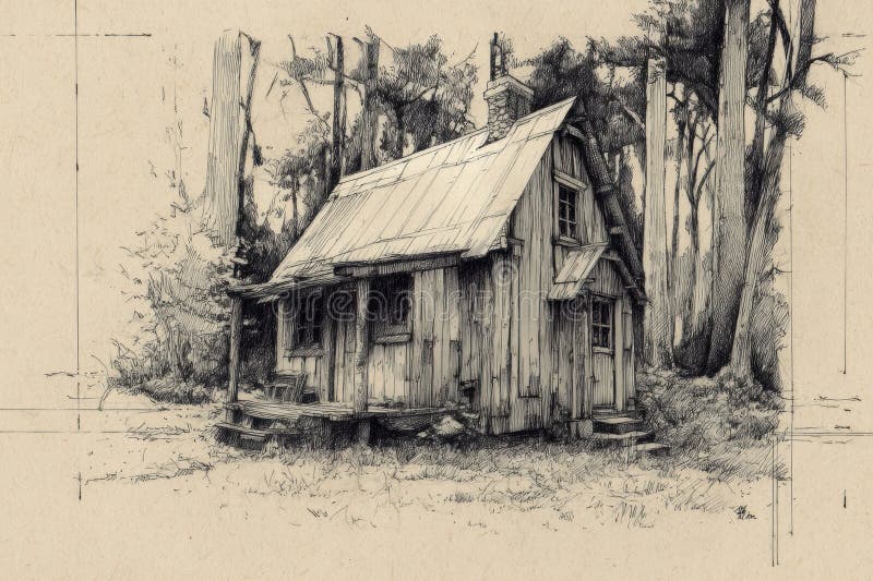 Rustic Cabin Nestled among Trees, Showcasing Cross-Hatching Technique ...