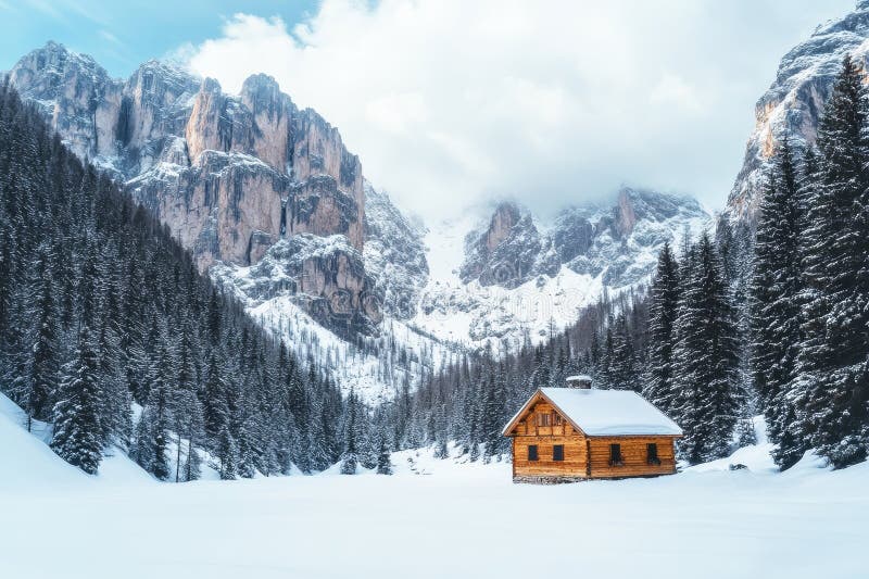 Rustic Cabin Nestled in a Winter Setting with a Long Range Mountain ...