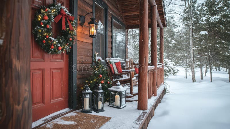 Rustic Cabin Porch with Festive Wreath and Lanterns in the Snow Stock ...