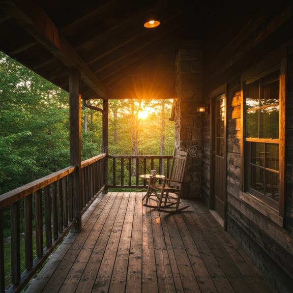 Rustic Cabin Porch Sunset View Stock Illustration - Illustration of ...