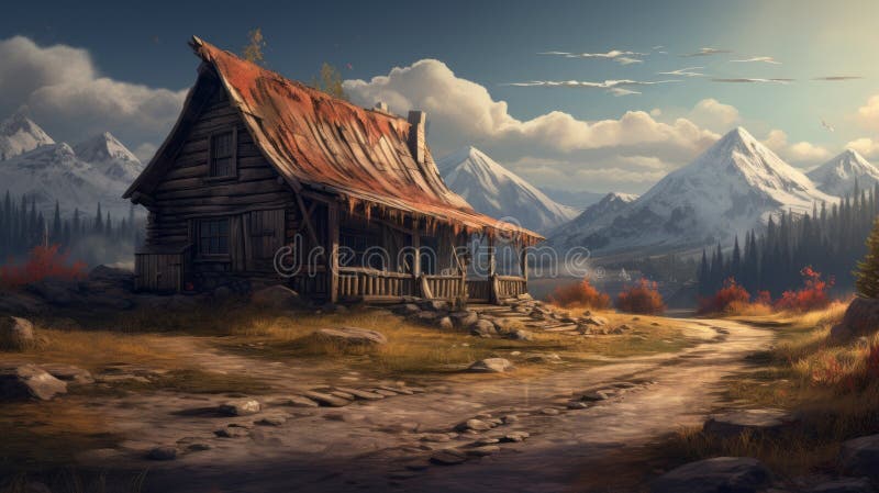 Rustic Cabin in a Post-apocalyptic Mountain Landscape Stock ...