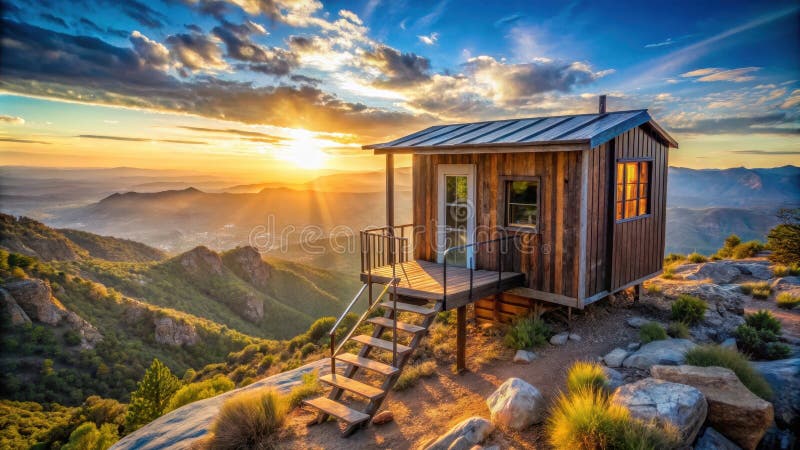 Rustic Cabin Retreat Perched on Mountaintop at Sunset with Stunning ...