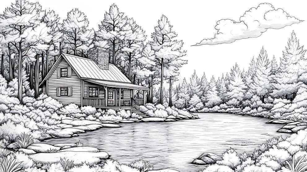 Rustic Cabin by River in Forest, Ink Drawing Stock Illustration ...