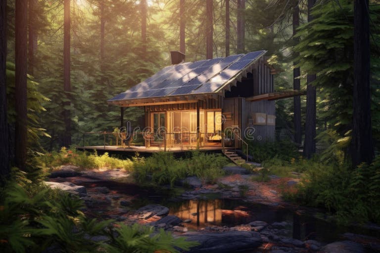 Rustic Cabin with Rooftop Solar Panels in Dense Forest Stock ...