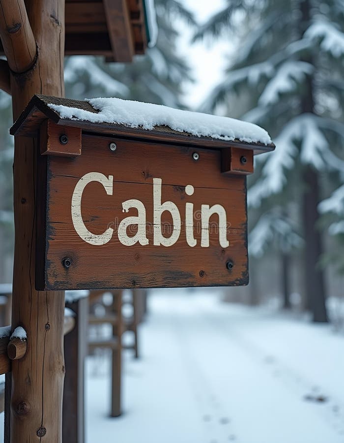 Rustic Cabin Sign in Snowy Pine Forest Stock Illustration ...