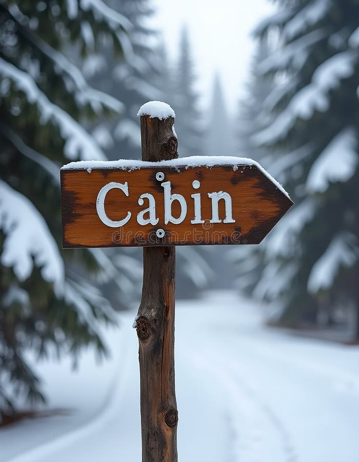 Rustic Cabin Sign in Snowy Pine Forest Stock Illustration ...