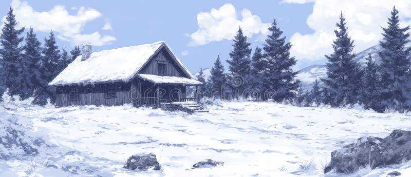 Rustic Cabin in Snowy Forest Landscape with Pine Trees and Cloudy Sky ...