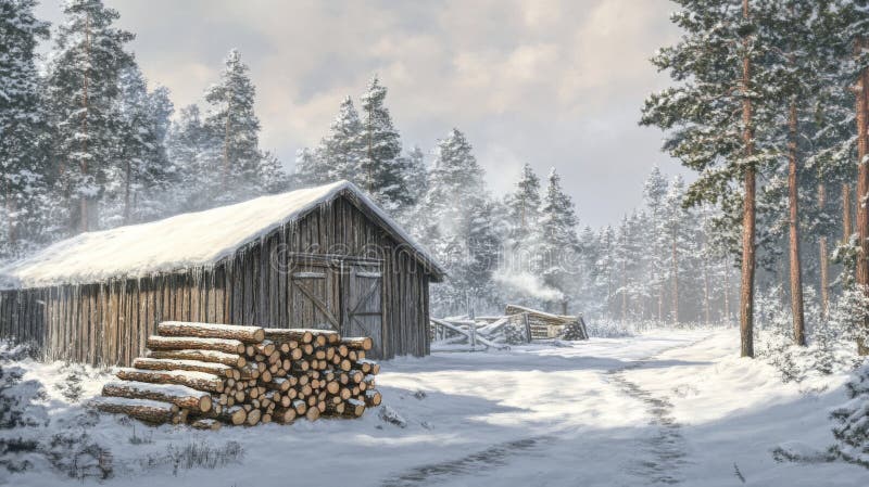 A Rustic Cabin in a Snowy Forest with Log Pile Stock Illustration ...