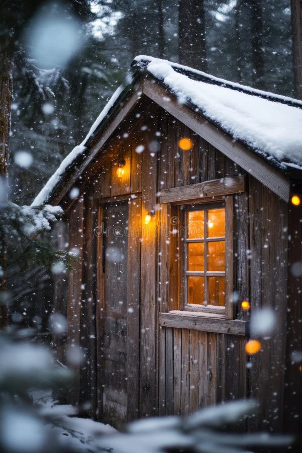 Rustic Cabin in Snowy Forest with Warm Glowing Lights at Twilight Stock ...