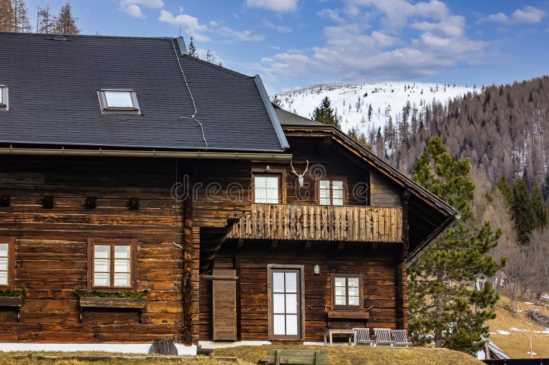 Rustic Cabin in Snowy Mountain Landscape Stock Image - Image of natural ...