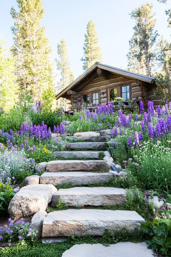 Rustic Cabin by Stone Path Surrounded by Lush Purple Wildflowers in ...