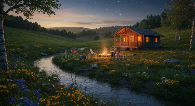 Rustic Cabin by a Stream at Night Stock Illustration - Illustration of ...