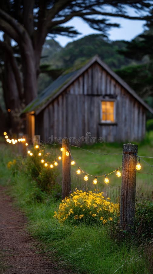Rustic Cabin with String Lights Along Fence at Dusk Stock Image - Image ...