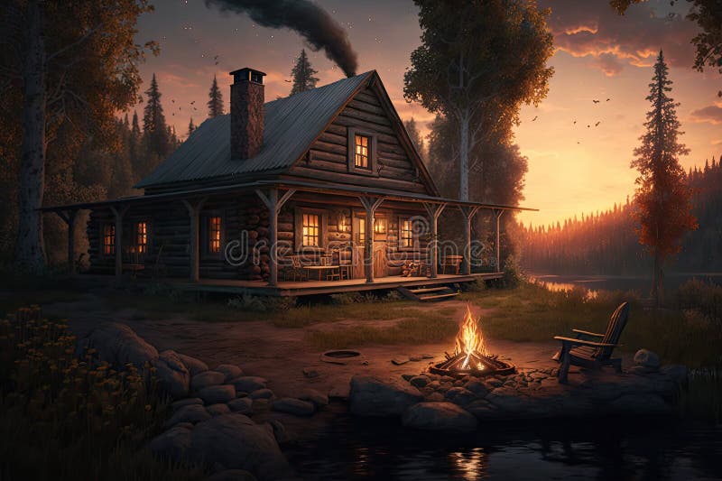 A Rustic Cabin in the Sunset with a Campfire Crackling Stock Image ...