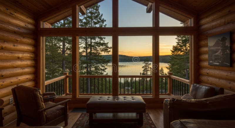 Rustic Cabin Sunset Lake View Stock Illustration - Illustration of hour ...