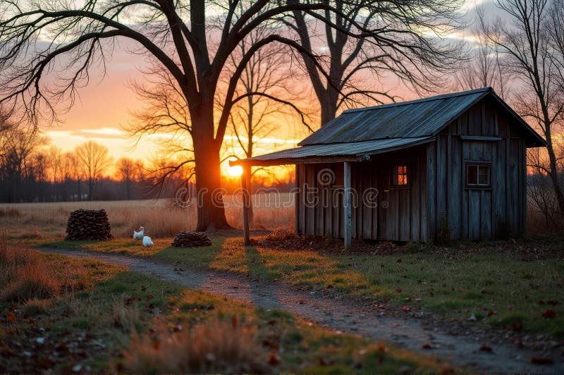 Rustic Cabin at Sunset with Path and Lone Dog in Scenic Countryside ...