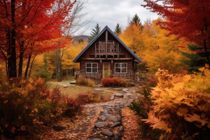 Rustic Cabin Surrounded by Autumn Foliage Stock Image - Image of leaves ...