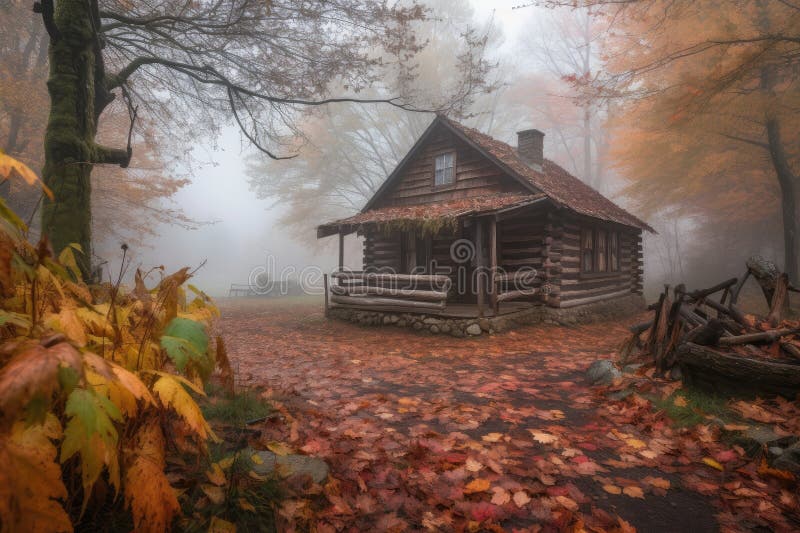 Rustic Cabin, Surrounded by Mist and Autumn Leaves on the Ground Stock ...