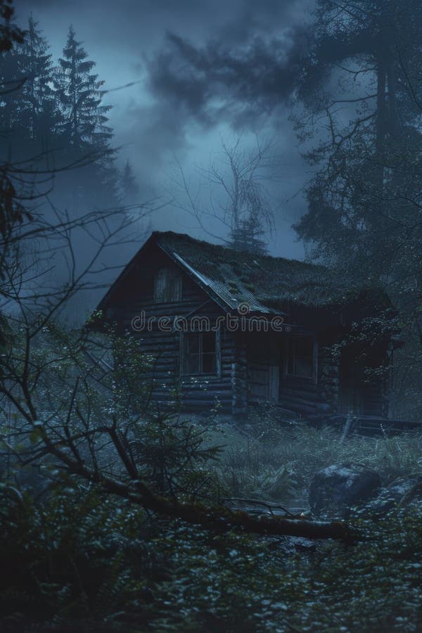 A Rustic Cabin Surrounded by Trees in a Dark Forest, Ideal for Use in ...