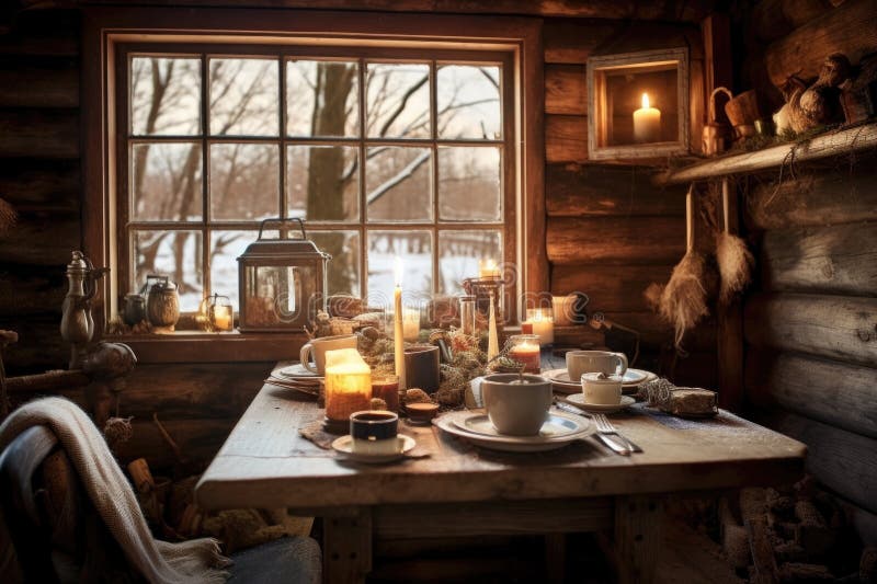 Rustic Cabin Table Setting Hot Cocoa Candles Stock Photos - Free ...