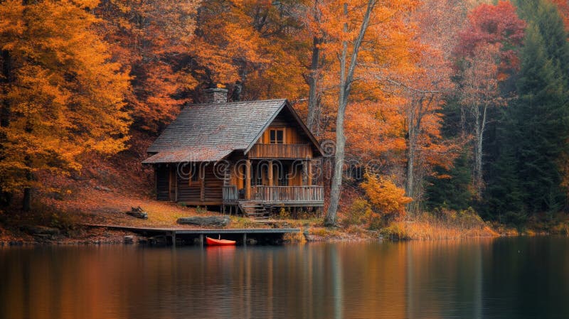 Rustic Cabin by Tranquil Lake with Autumn Foliage Stock Illustration ...