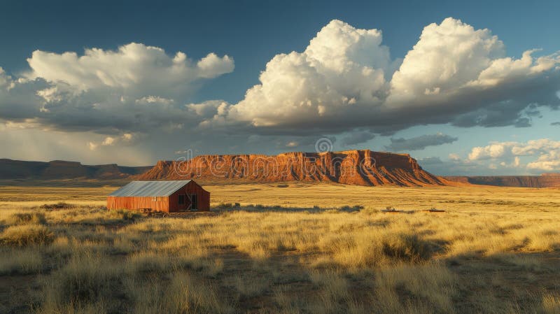 Rustic Cabin Under Dramatic Clouds in a Vast Desert Landscape with ...