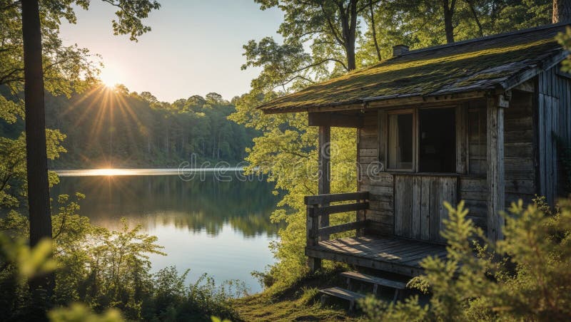Rustic Cabin View Overlooking Lake with Sun Rays in a Serene Woodland ...