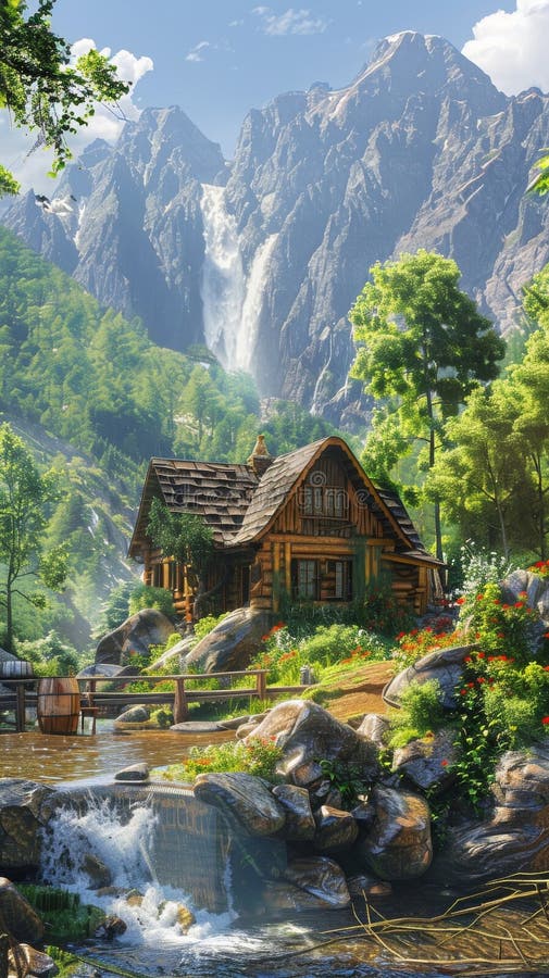 Rustic Cabin by Waterfall in Mountain Forest, Picturesque Nature ...