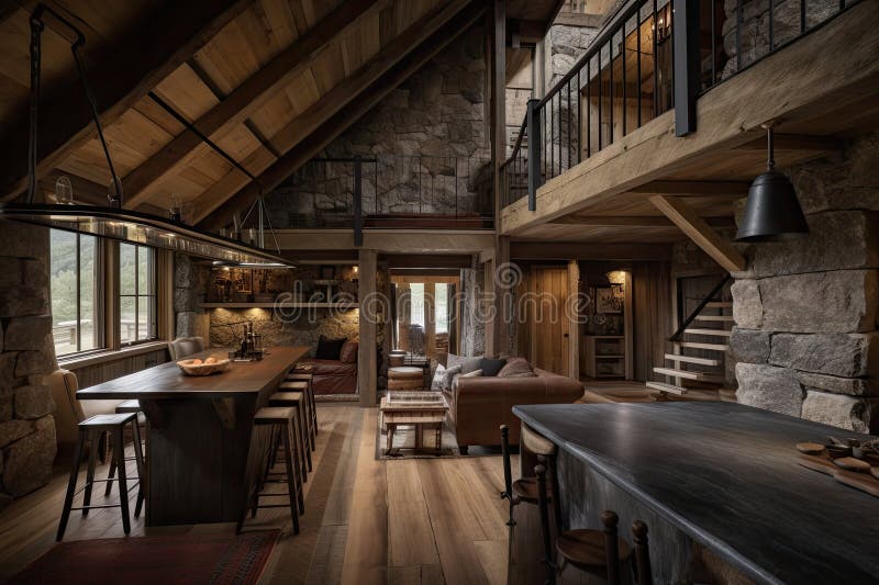 Rustic Cabin with Wood-paneled Walls and Stone Fireplace Stock Image ...