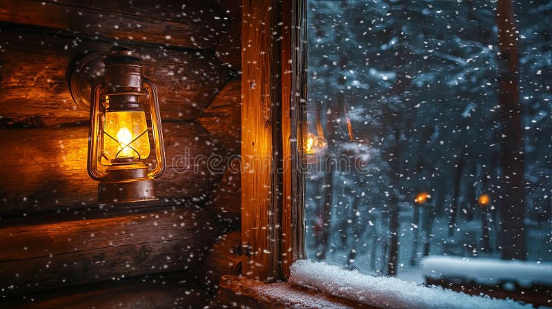Rustic Cabin Window Glowing Lantern Falling Snow Outside Stock Photos ...