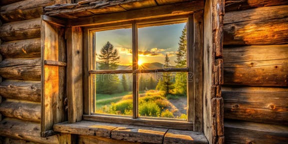 Rustic Cabin Window View of a Scenic Sunset Over a Mountain Range. Generative AI Stock ...