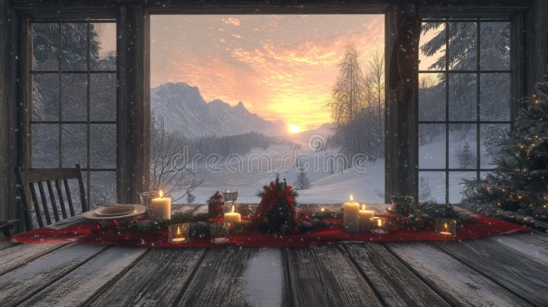 A Rustic Cabin Window with a View of a Snowy Mountain Sunset and a Christmas Table Setting Stock ...