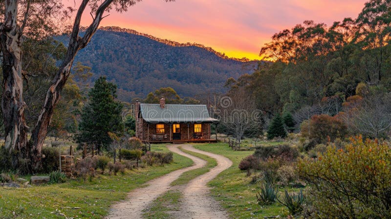 A Rustic Cabin in the Woods with a Winding Driveway Bathed in the Glow ...