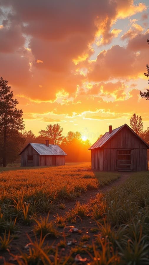 Rustic Cabins at Sunset with Vibrant Sky and Lush Fields Stock Photo ...