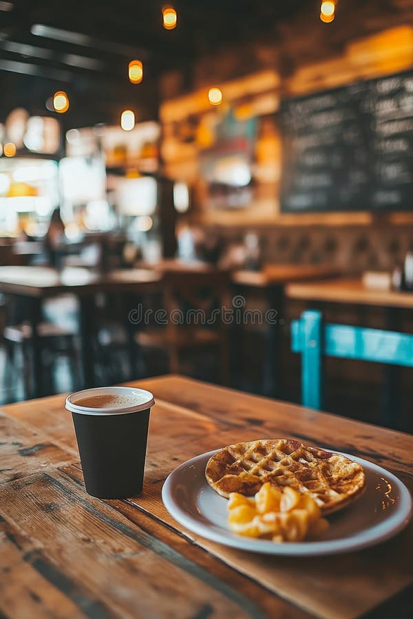 Rustic Cafe Ambiance Empty Table with Coffee and Waffles, Inviting ...
