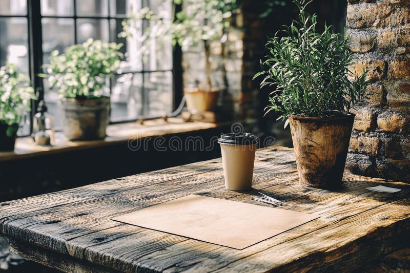 Rustic Cafe Corner with Coffee Cup and Lush Greenery Stock Image ...