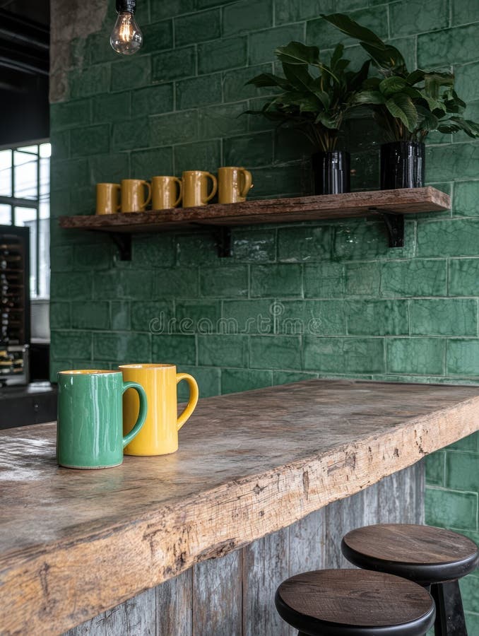 Rustic Cafe Counter with Mugs and Plants. Stock Illustration ...