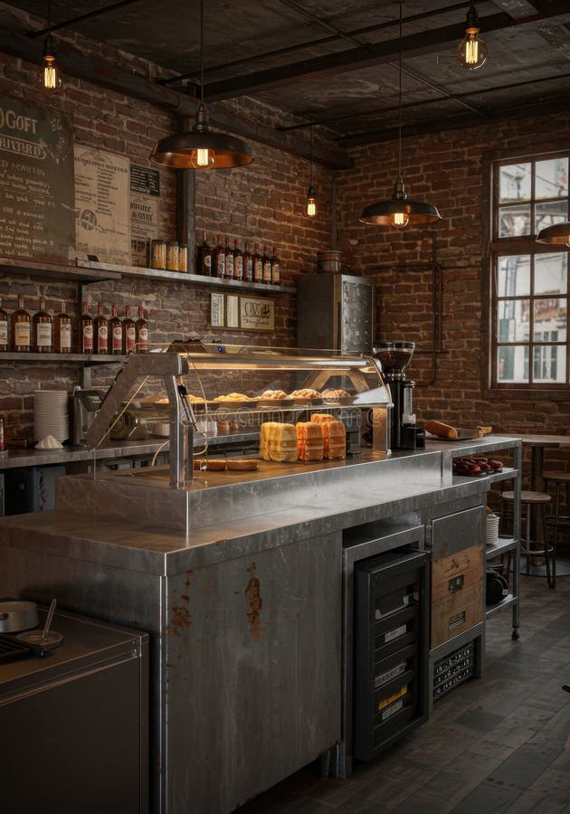 Rustic Cafe Interior with Brick Walls and Metal Counter Stock ...