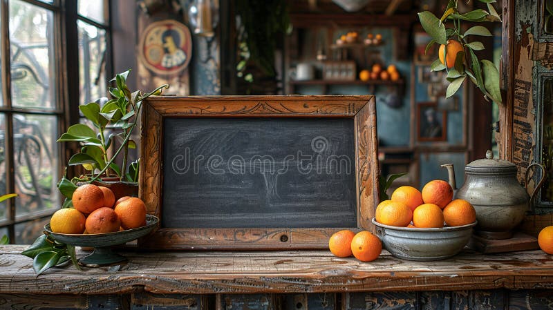 Rustic Cafe Interior with Chalkboard and Fresh Fruit Decor Stock ...