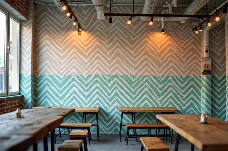Rustic Cafe Interior with Chevron Walls and Wooden Tables in Cozy ...