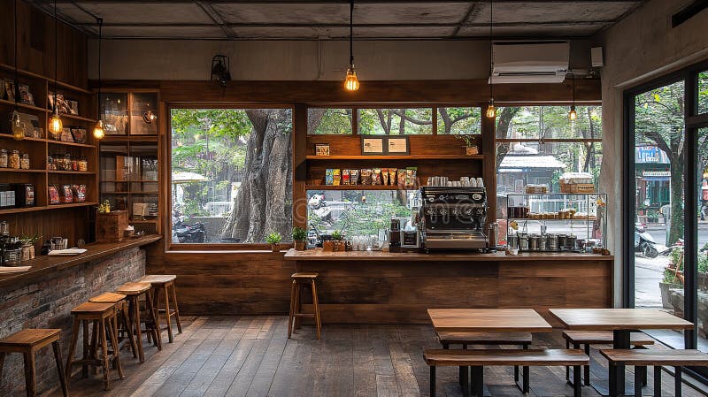 Rustic Cafe Interior with Large Windows Showcasing an Urban View Stock ...