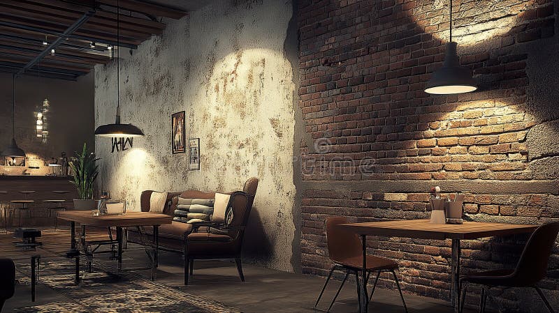 Rustic Cafe Interior, Night, Brick Wall, Cozy Seating, Advertisement ...