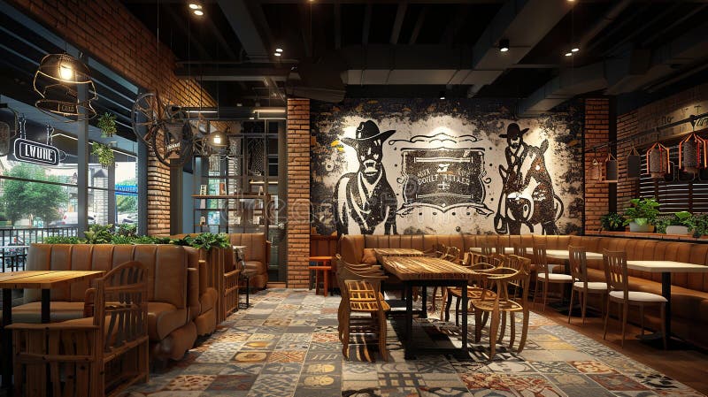 Rustic Cafe Interior with Western Themed Wall Decor Stock Illustration ...